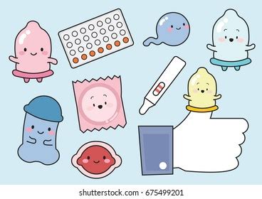 Collection Cute Cartoon Safe Sex Contraceptive Stock Vector Royalty