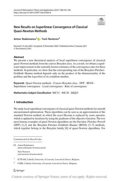 Pdf New Results On Superlinear Convergence Of Classical Quasi Newton Methods