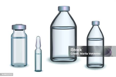 작은 약 또는 다양한 추출물 병 세트 백신을위한 현실적인 모의 유리 병과 앰플 흰색 배경에 고립 된 3d 유리 의료 용기 벡터 일러스트 레이 션 병에 대한 스톡 벡터 아트