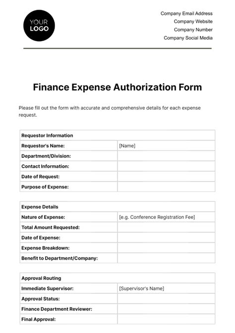 Free Finance Expense Authorization Form Template To Edit Online