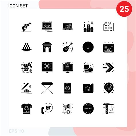 Set Of 25 Vector Solid Glyphs On Grid For Move Money Screen Income Briefcase Editable Vector
