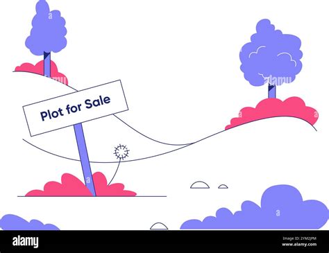Plot For Sale Sign On Scenic Landscape With Trees And Rolling Hills In Flat Vector Illustration