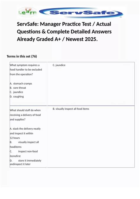 Servsafe Manager Practice Test Actual Questions And Complete Detailed Answers Already Graded A