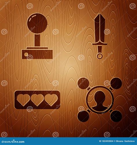 Set Share Joystick For Arcade Machine Like And Heart And Sword For Game On Wooden Background