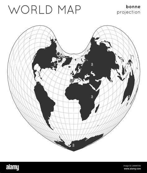 World Map Globe In Bonne Projection With Graticule Lines Style