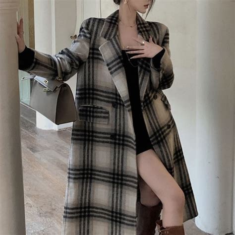 린다걸 재킷 정장 하객룩 결혼식룩 가을 겨울 데이트 데일리 체크 카라 더블 브레스트 모직 롱 코트