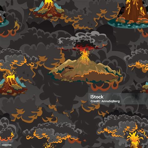 화산 분화 한 자 정도의 변화 또는 위험한 벌 컨 마그마 화산재와 화산 용암 산 벡터 일러스트 레이 션 아래로 흐르는 연기 비행기에서 인사를 깨우기의 집합 가루로 빻은에