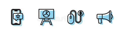Set Line Advertising Mobile With Review Rating Board Graph Chart And Megaphone Icon Vector