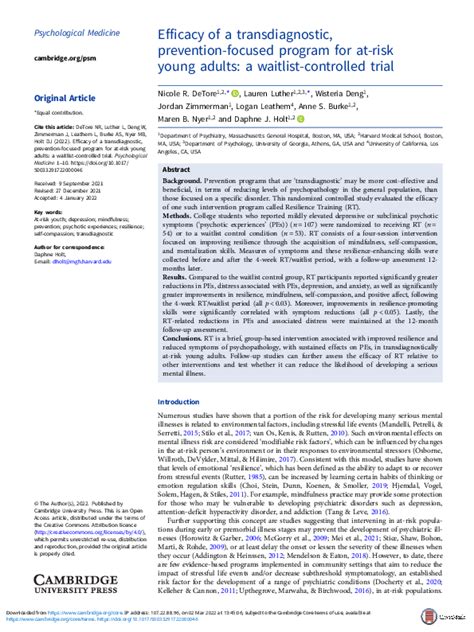 Pdf Efficacy Of A Transdiagnostic Prevention Focused Program For At Risk Young Adults A