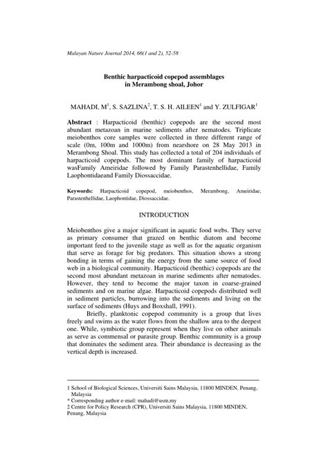 Pdf Benthic Harpacticoid Copepod Assemblages In Merambong Shoal Johor