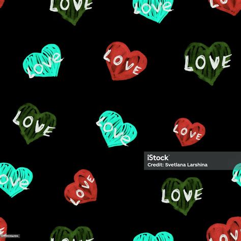 귀여운 낙서 스타일 하트 매끄러운 패턴 발렌타인 데이 필기 검은 배경입니다 마커는 다른 하트 모양과 실루엣을 그려 손으로 그린 장식 0명에 대한 스톡 벡터 아트 및 기타