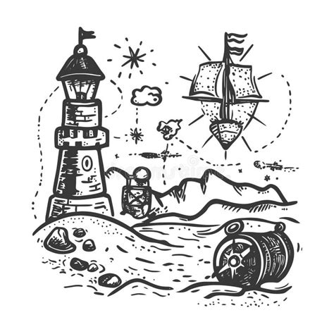 Lighthouse Sailing Ship And Compass Rose A Nautical Adventure Illustration Stock Vector