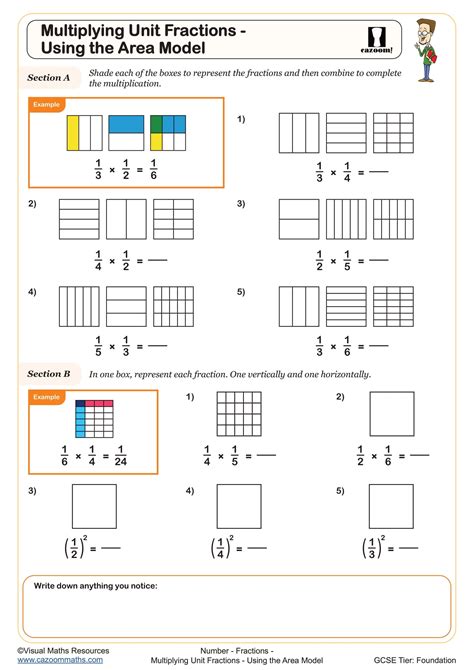 Multiplying Unit Fractions Using Area Models Worksheet Fun And Engaging Year 8 And Year 9