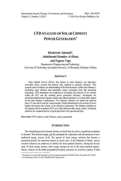 Cfd Analysis Of Solar Chimney Power Generation Nova Science Publishers