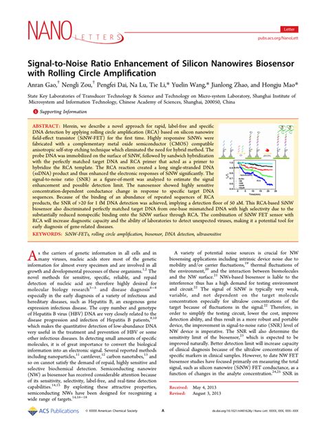 Pdf Signal To Noise Ratio Enhancement Of Silicon Nanowires Biosensor With Rolling Circle