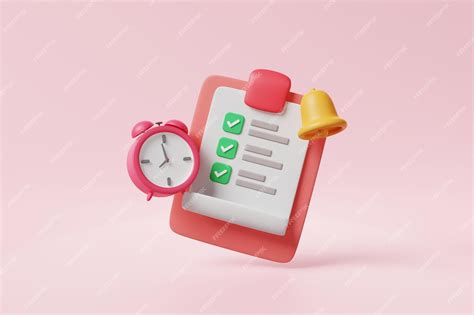 체크리스트 종이 시트 녹색 확인란이 있는 분홍색 클립보드 분홍색 배경에 올바른 확인 표시 및 알람 시계 벨이 있는 분홍색 클립