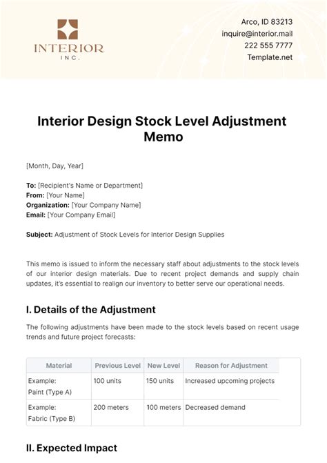 Free Interior Design Stock Level Adjustment Memo Template To Edit Online