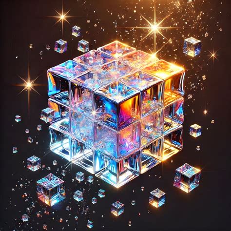 Big Glowing Cube Exploding Into Small Glass Cubes With Shiny Stars On Dark Background Stock