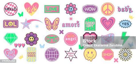 문구 별 꽃 미소 등이 포함된 멋지고 트렌디한 Y2k 스티커 컬렉션 펑키 그루비 힙 스터 패치 세트 현대 벡터 일러스트 레이 션은 흰색 배경에 고립되어 있습니다 1990
