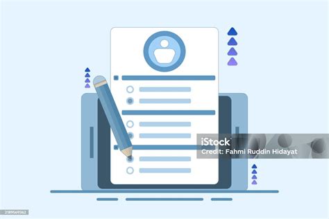 설문지 개념입니다 질문과 답변 연필을 사용하는 설문 조사 양식이 있는 장치 설문조사 또는 설문지를 작성하거나 답변합니다 배경에 평면 벡터 그림 가상현실에 대한 스톡 벡터