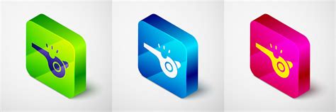 회색 배경에 격리 된 등색 휘파람 아이콘 심판 기호 피트니스 및 스포츠 표지판 정사각형 버튼입니다 벡터 3차원 형태에 대한 스톡