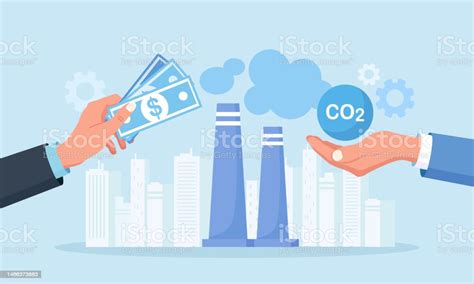 탄소세를 내는 사업가 Co2 감축을 위한 환경 수수료로 온실가스 지급 지구 온난화로 인한 온실 가스 배출 또는 오염 비용 유독 한 연기를 방출하는 공장 관 석탄에 대한 스톡