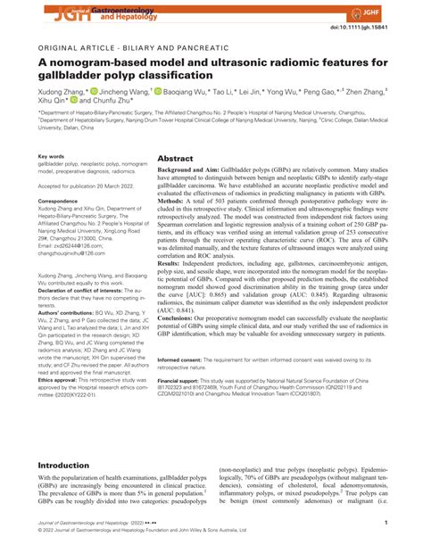 Pdf A Nomogram‐based Model And Ultrasonic Radiomic Features For Gallbladder Polyp Classification