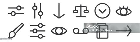 선형 인터페이스 아이콘 12세트 오른쪽 음성 메일 이퀄라이저 다운 다운 웹 모바일 설정과 같은 얇은 윤곽선 아이콘 눈 신체 부분에 대한 스톡 벡터 아트 및 기타 이미지