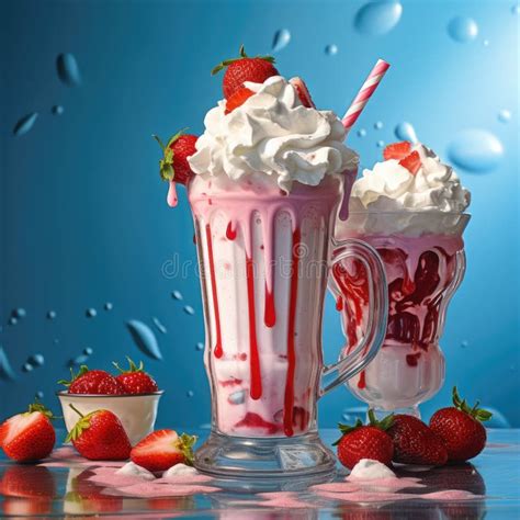 Batido De Fresa Con Crema Batida Y Jarabe De Baya En El Gran Vaso Stock De Ilustración
