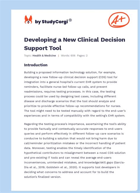 Developing A New Clinical Decision Support Tool Free Essay Example