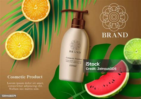 화장품 자외선 차단제 제품 벡터 배너 템플릿 피부 관리 광고 디자인을위한 레몬 수박 라임 및 오렌지 요소와 같은 열대 과일 추출물로 화장품 모의 로션 제품을 모의 3차원