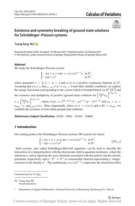 Existence And Symmetry Breaking Of Ground State Solutions For Schrödingerpoisson Systems