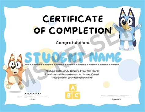 Customizable Bluey Certificate Certificate Of Completion Graduation