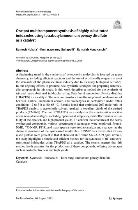 Pdf One Pot Multicomponent Synthesis Of Highly Substituted Imidazoles
