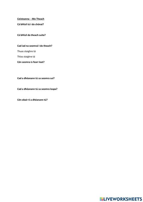 Mo Theach Ceisteanna Glucey123 Live Worksheets