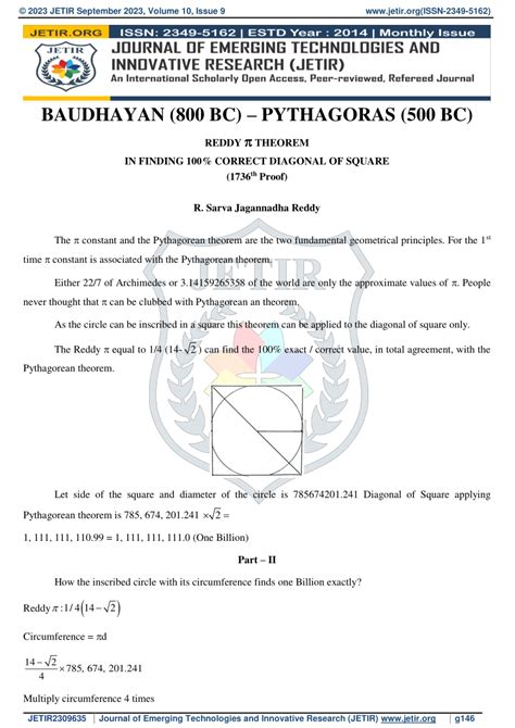 Pdf Baudhayan 800bc Pythagoras 500bc Reddy Pi Theorem In Finding 100 Correct Diagonal