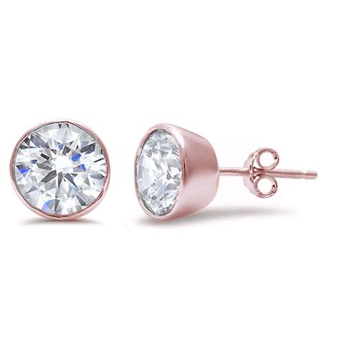 Round Bezel Set Cubic Zirconia 7mm Screw Back Earrings Rose Gold Tone