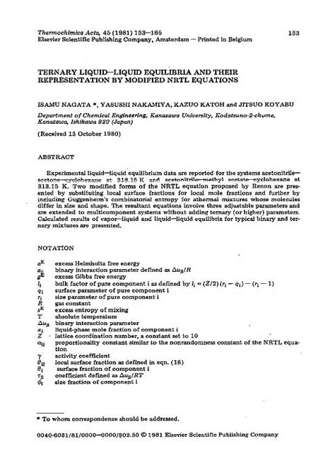 Pdf Ternary Liquid—liquid Equilibria And Their Representation By Modified Nrtl Equations