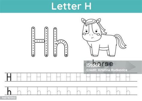 알파벳 Abc Az 운동 색칠하기 페이지 문자 H 색칠하기 책에 대한 어휘 귀여운 카와이 말 아이들을 위한 인쇄 가능한 활동 워크시트 교육용 게임 벡터 그림 0명에 대한