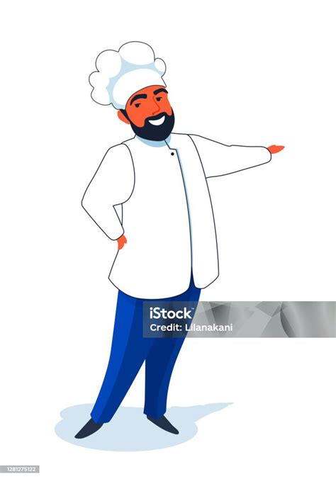 유니폼을 입은 요리사가 손짓으로 미소를 짓고 있는 것을 보여준다 수염이 있는 제빵사가 옆을 가리켰다 전체 길이의 만화 캐릭터