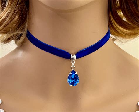 Sapphire Crystal Velvet Choker Necklace Royal Blue Ribbon Etsy