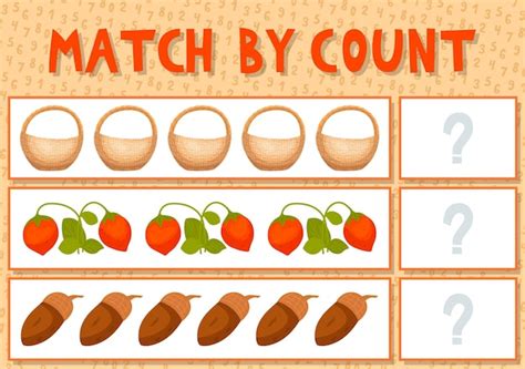숫자 자료를 배우는 아이들 다른 과목을 가진 미취학 아동을 위한 교육 게임 만화 벡터 일러스트 바구니 딸기 도토리 프리미엄 벡터