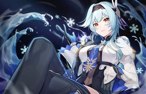 Blue Hair Eula Lawrence Genshin Impact Gloves Headband Shiliuyexiaohei