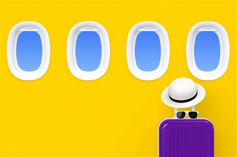 노란색 배경에 선글라스 모자 비행기 창문이 있는 현대적인 보라색 가방 가방을 닫습니다 여행 개념 휴가 여행 공간을 복사합니다 최소한의 스타일 3d 렌더링 일러스트레이션 3