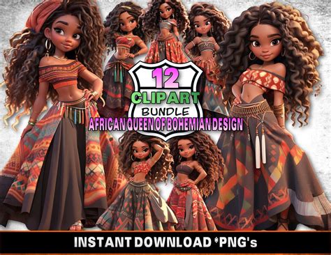 African Chibi Queen Clipart Bundle Bohemian Chibi Digital Art Ethnic