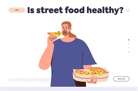 테이크 아웃 피자를 먹는 젊은 힙 스터 남자 캐릭터 길거리 음식 랜딩 페이지 디자인의 이점 먹기에 대한 스톡 벡터 아트 및 기타 이미지 Istock