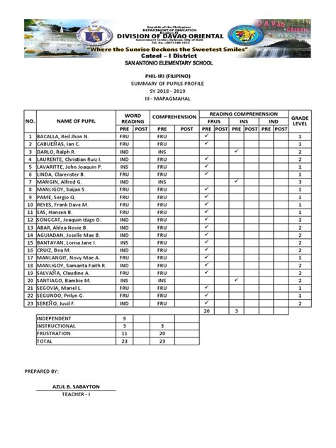 Phil Iri Summaryy Of Pupils Profile Pdf