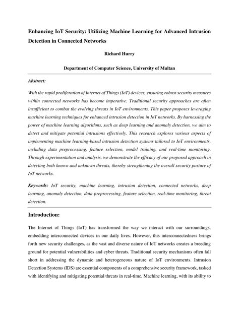 Pdf Enhancing Iot Security Utilizing Machine Learning For Advanced Intrusion Detection In