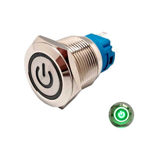 Flat Head MM V Power Latching Green Metal Push Button Switch With Led Light Waterproof