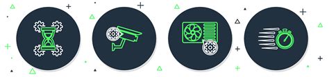 라인 보안 카메라 설정 에어컨 모래시계 및 스톱워치 아이콘을 설정합니다 벡터 개념에 대한 스톡 벡터 아트 및 기타 이미지